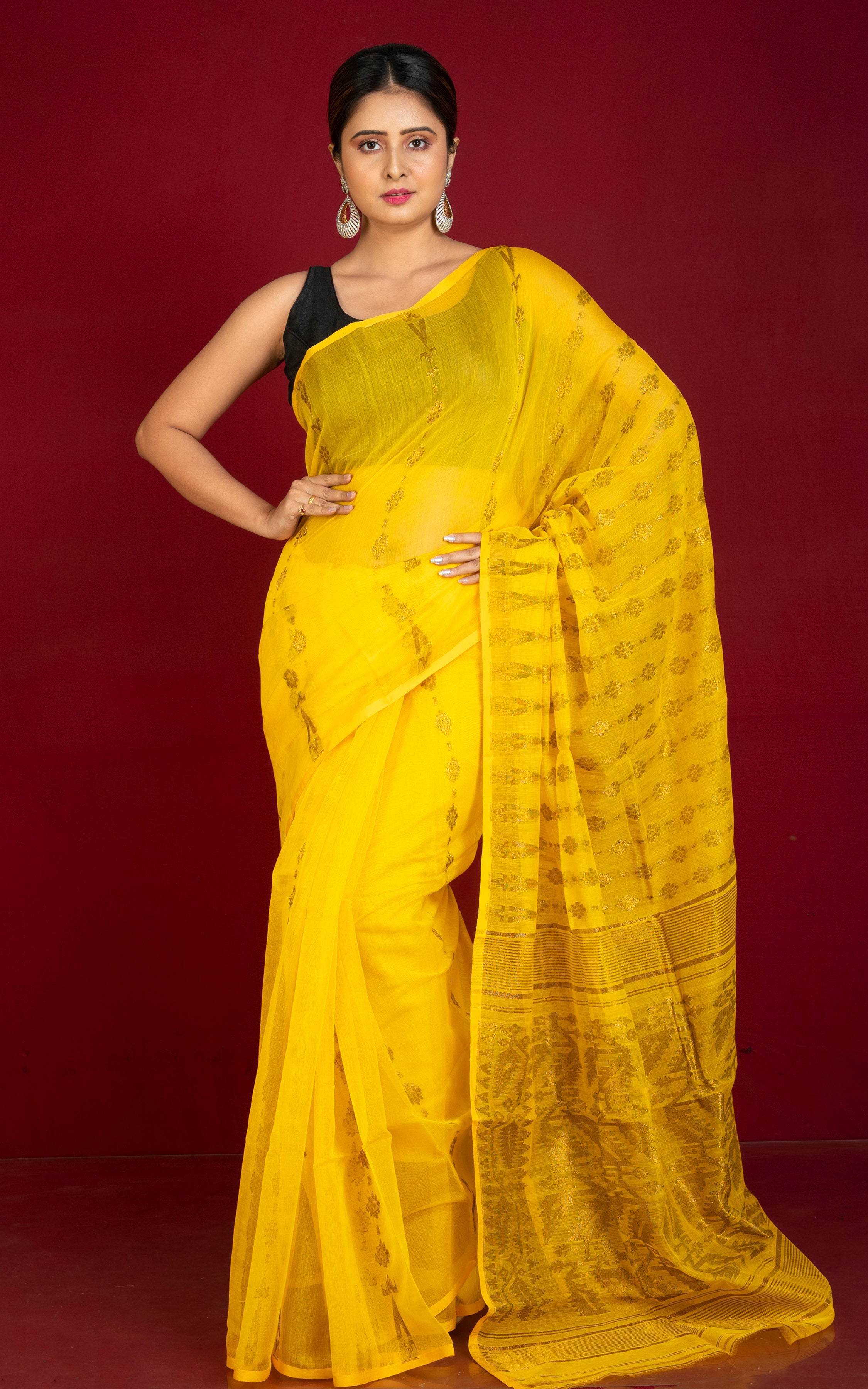 Soft Neem Zari Woven Work Jamdani Saree in Bright Yellow and Antique G – Mohi fashion