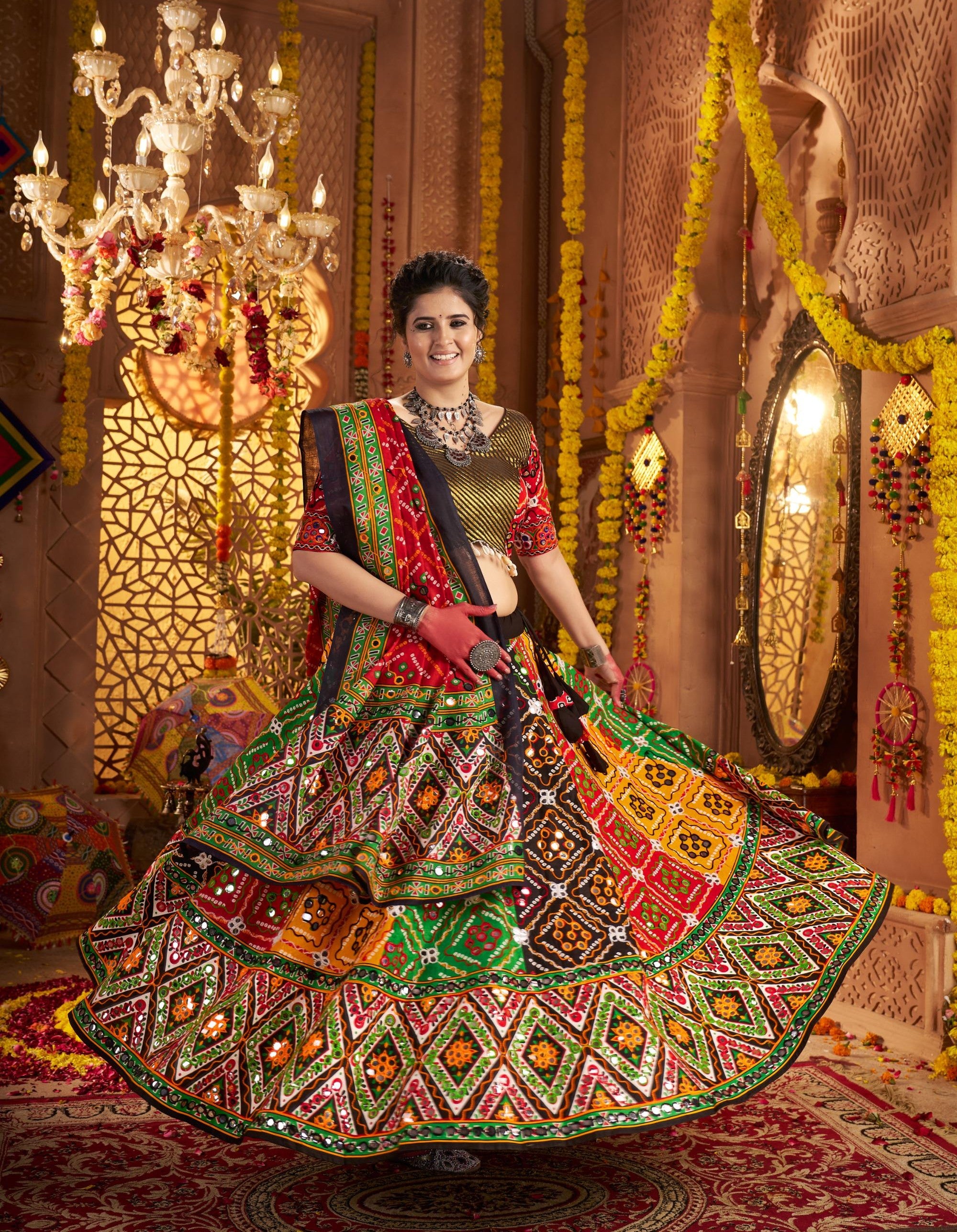 Multi Color Organic Cotton Print with Aari & Foil Work Navratri Lehenga ...