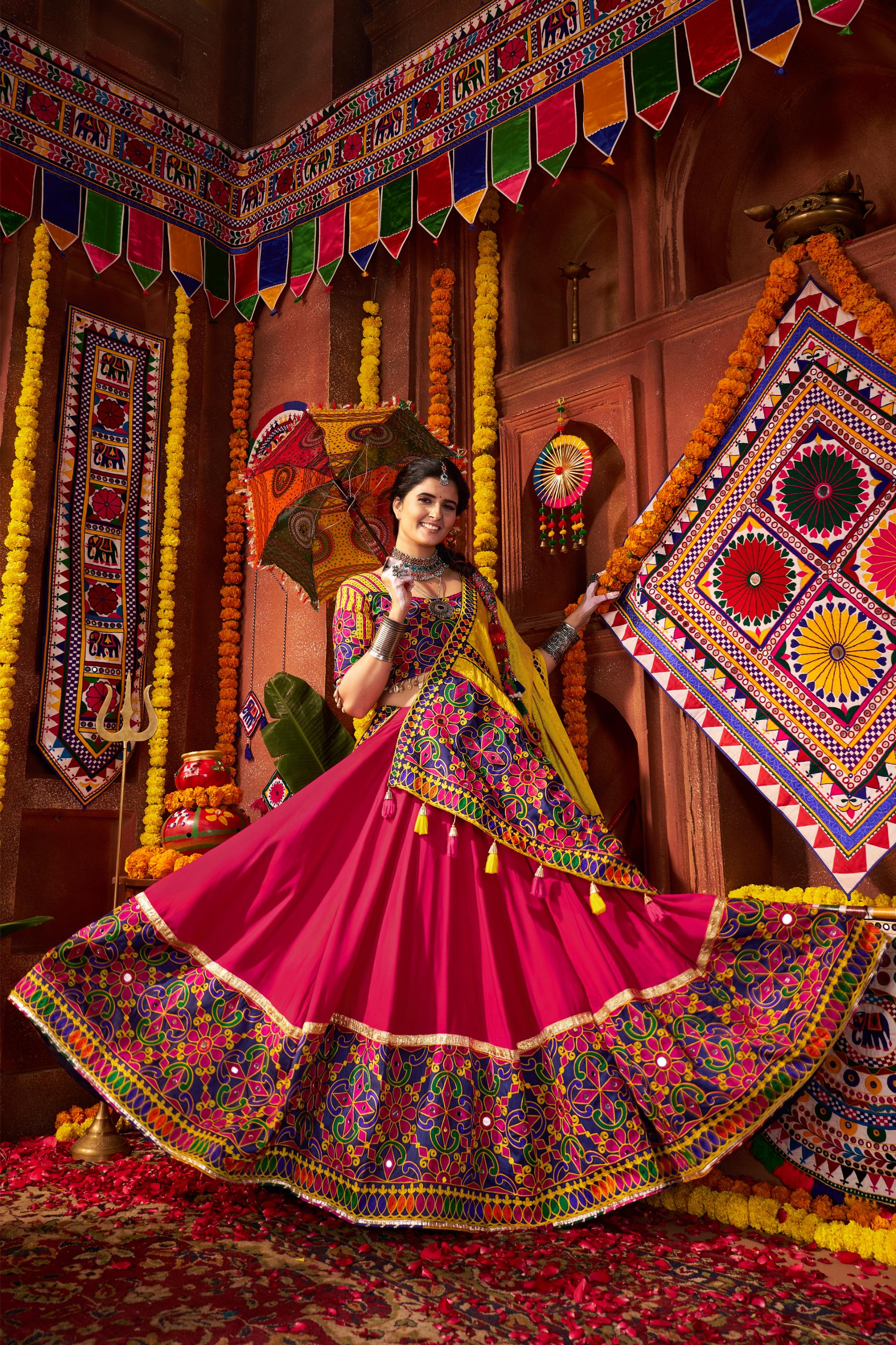 Multi Color Viscose Cotton & Muslin Mirror Work Navratri Lehenga-Bhvk ...