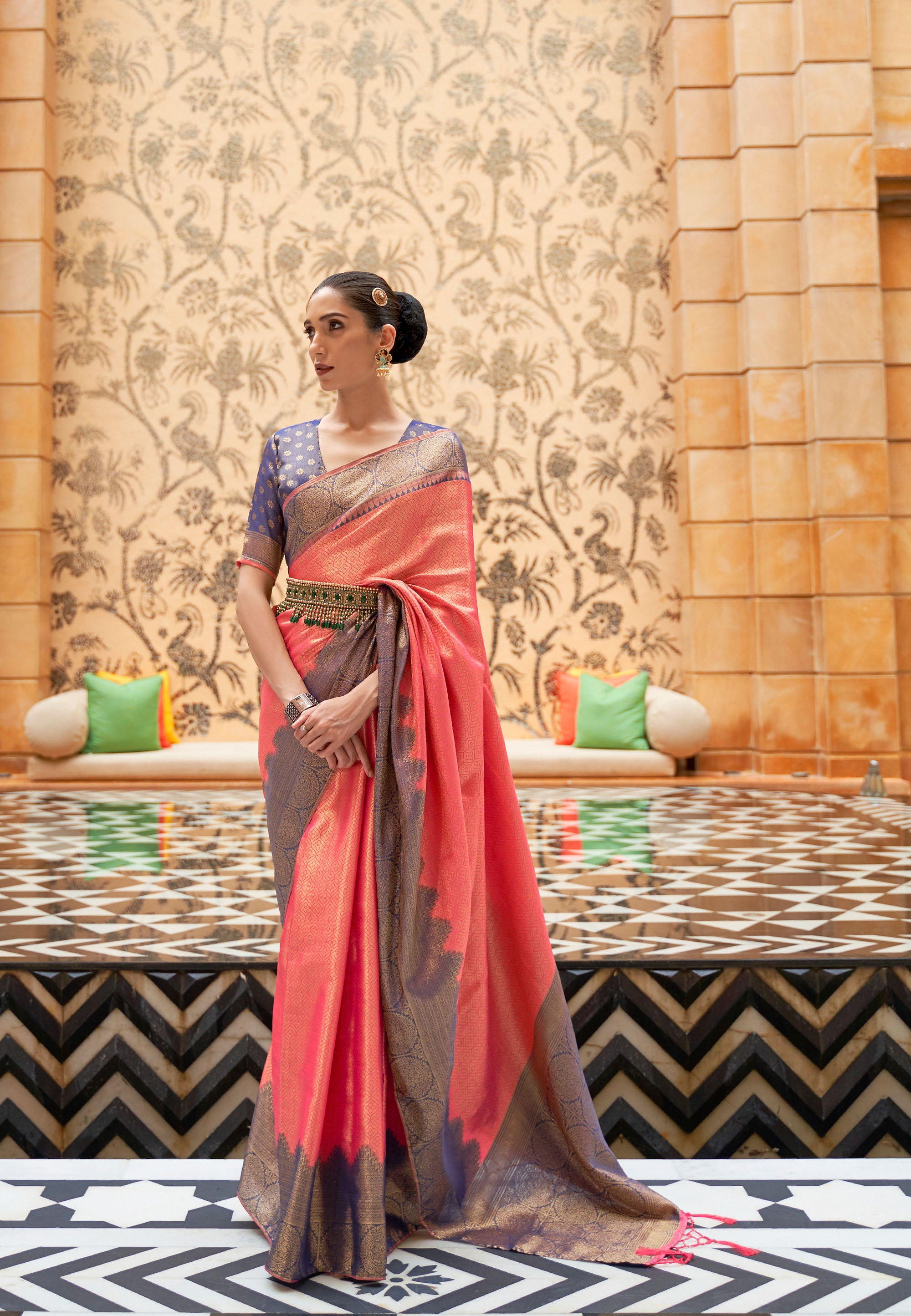 Peach and Gold Kalaapi Handloom Silk saree – Mohi fashion