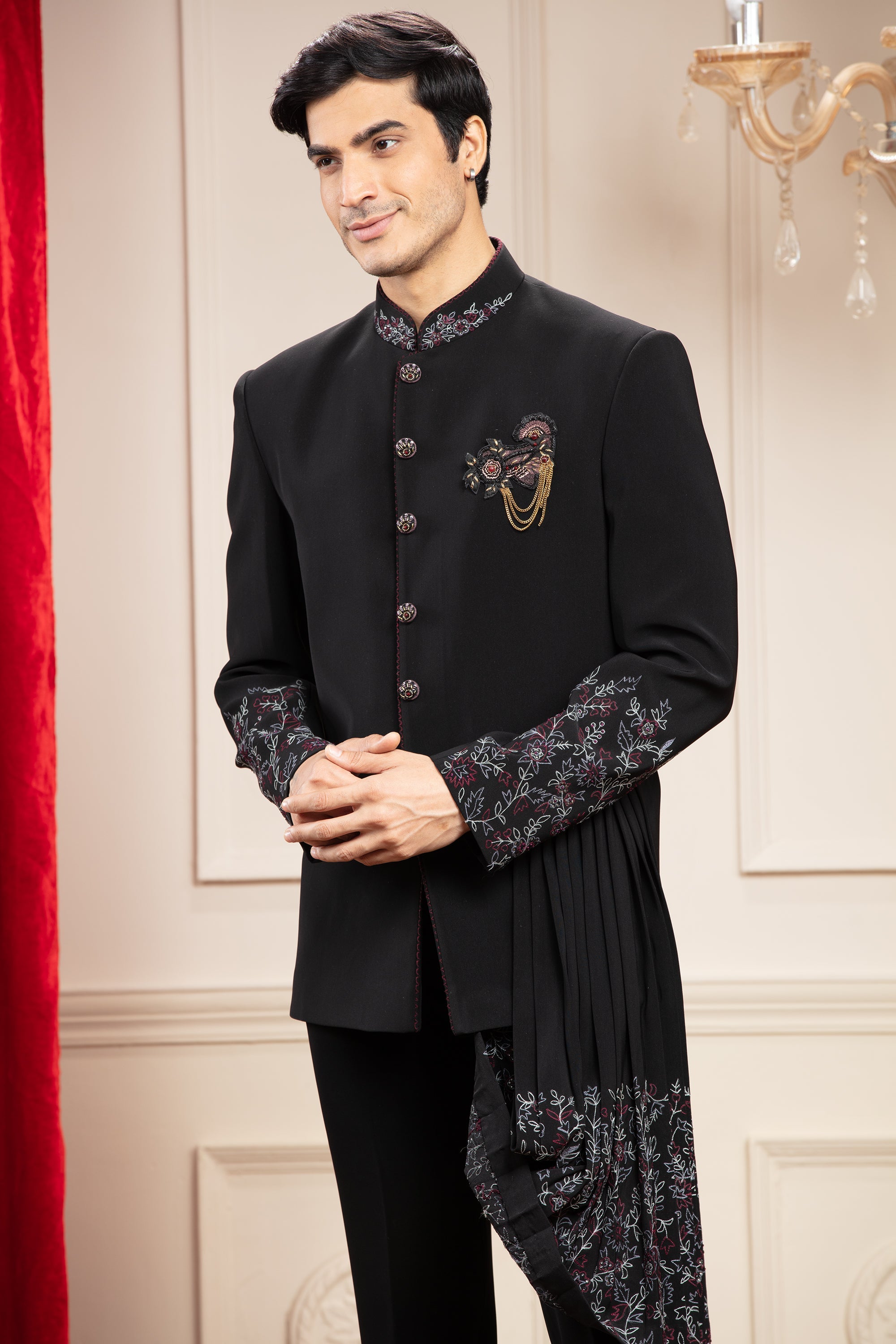 Jet Black Jodhpuri set with draping kurta, hand embroidery and embelli ...