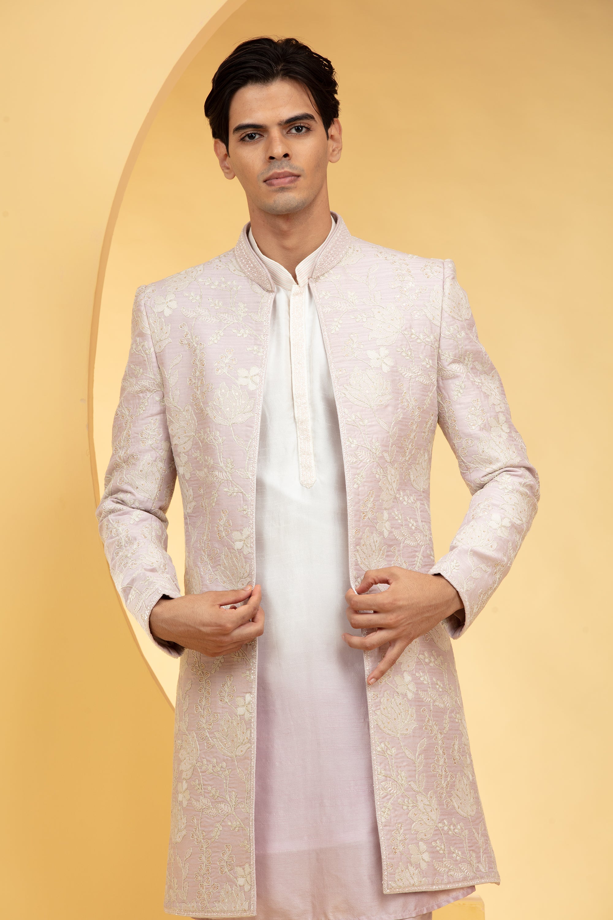 Heavenly Pink Ombre open Indo Western set with all over thread work ...