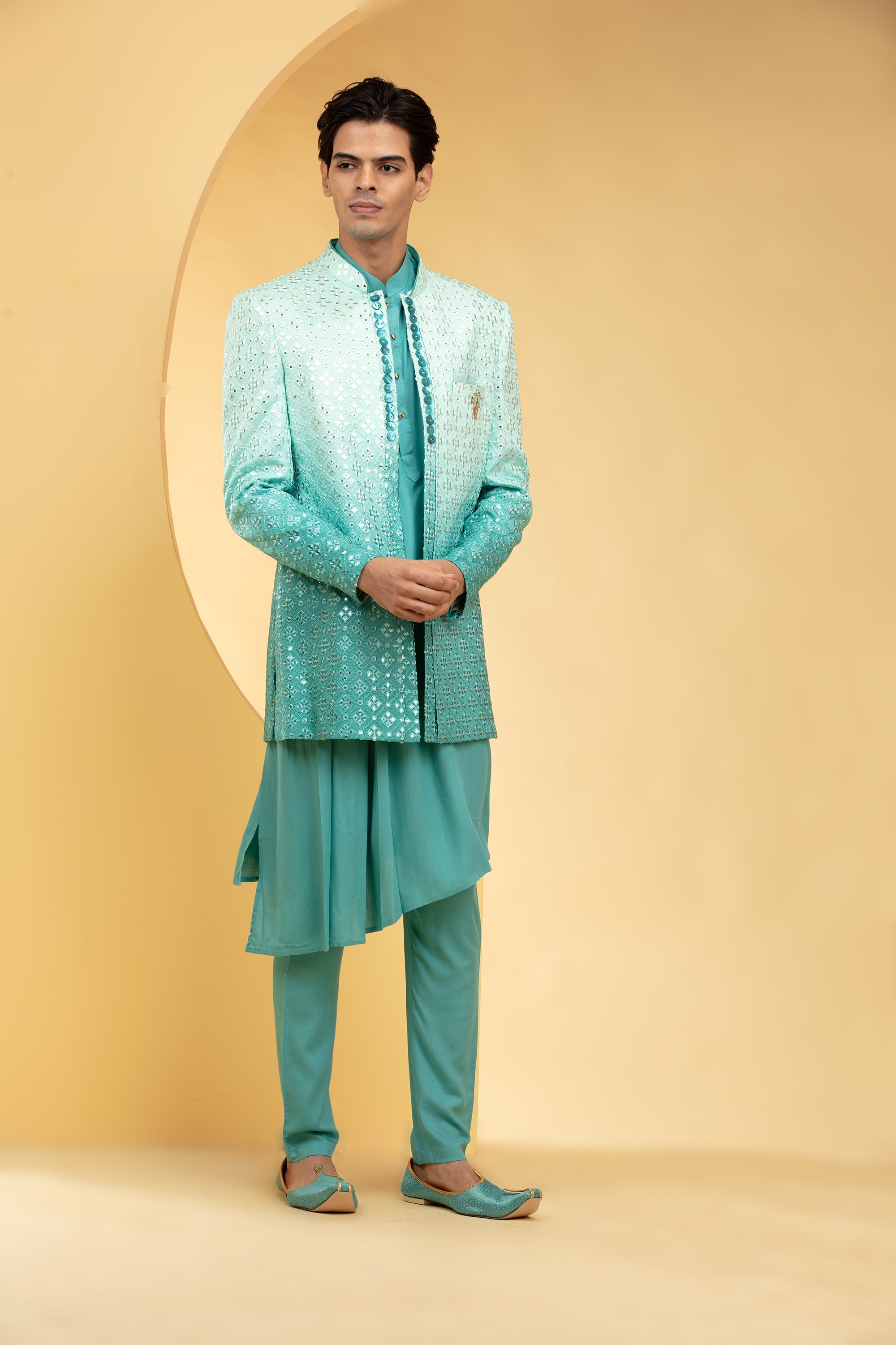 Sea green ombre open Jodhpuri set with sequin work – Mohi fashion