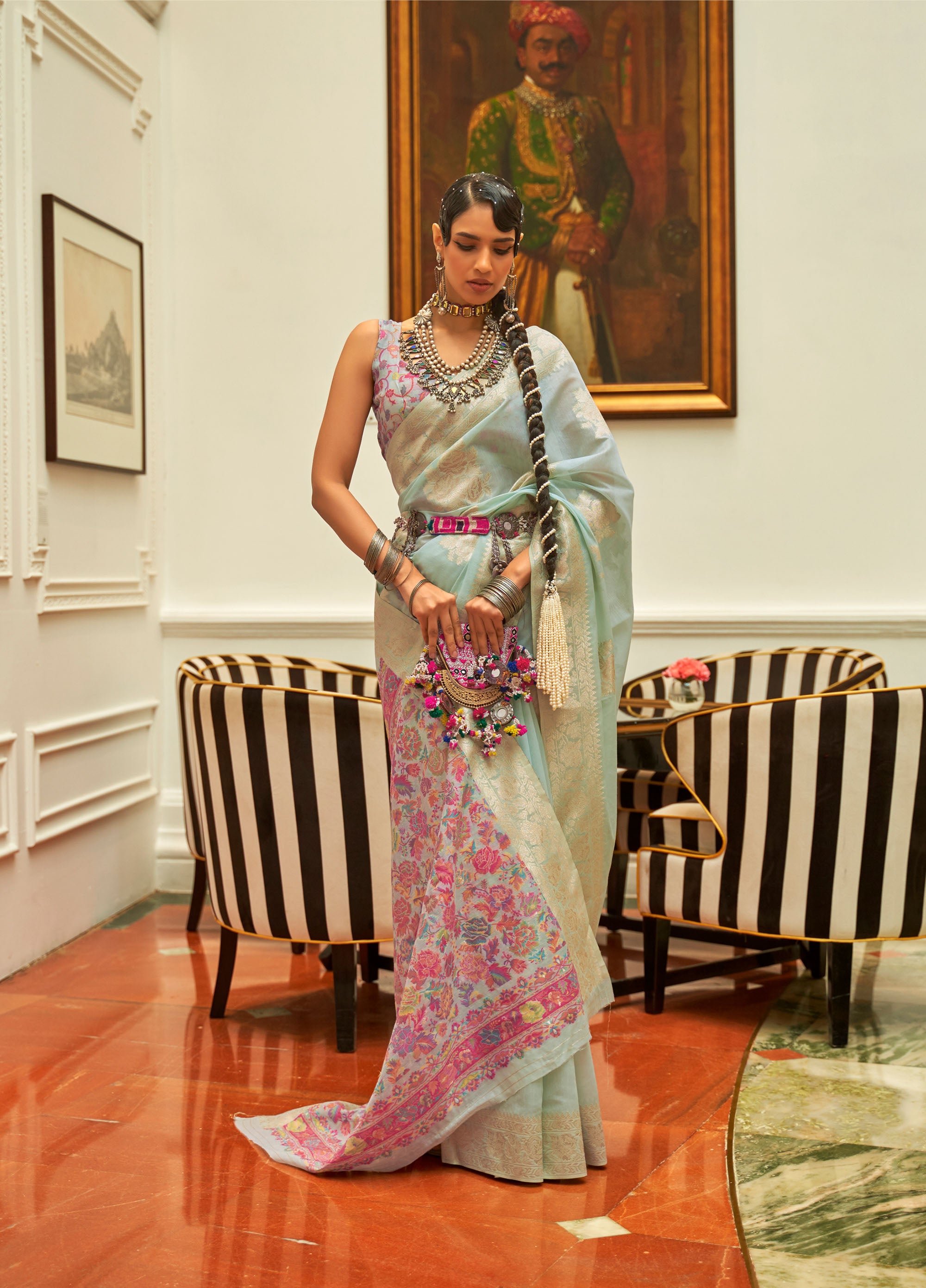Light Blue Keerat Silk Modal Kashmiri Saree – Mohi fashion
