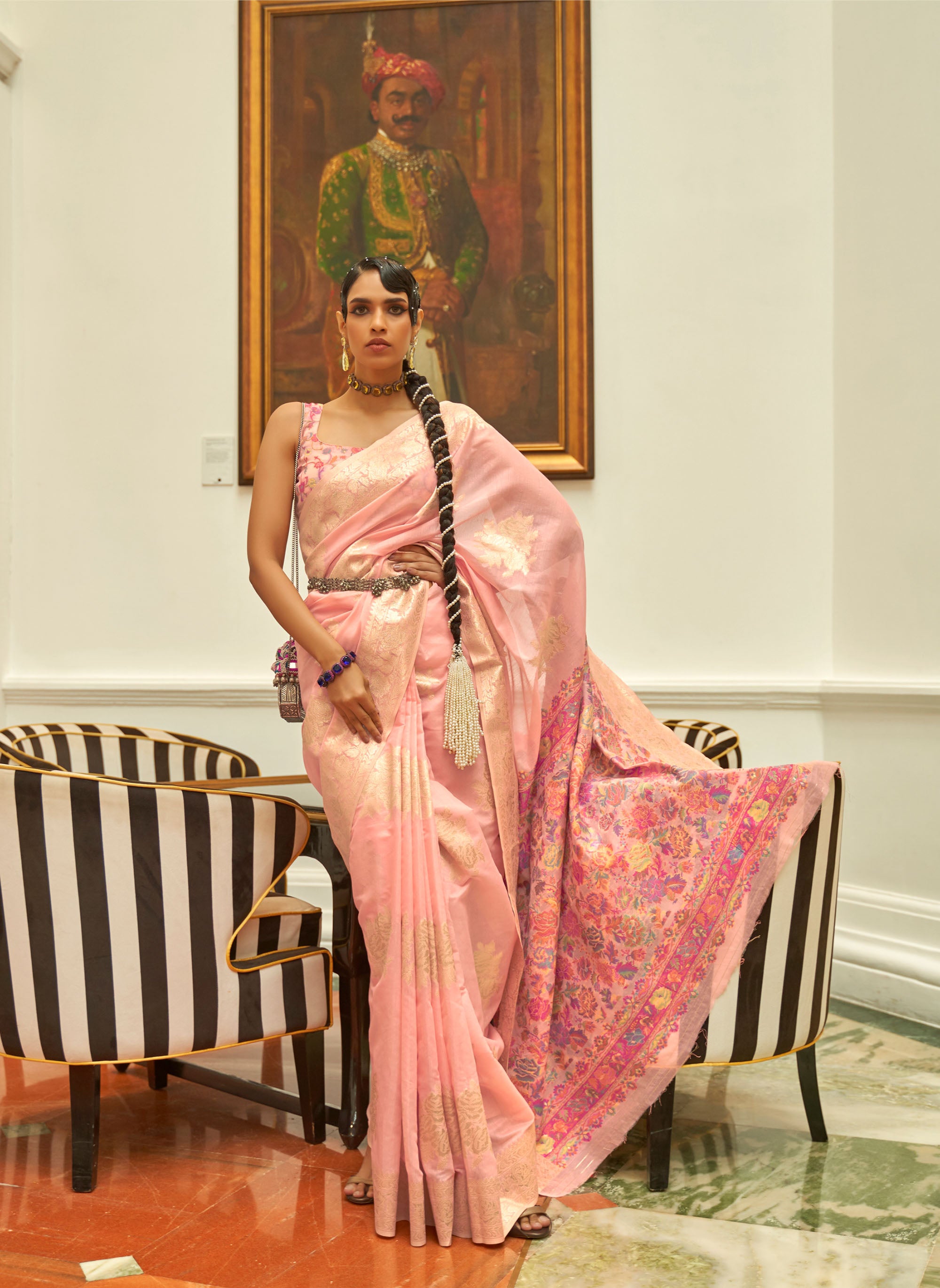 Light Peach Keerat Silk Modal Kashmiri Saree – Mohi fashion