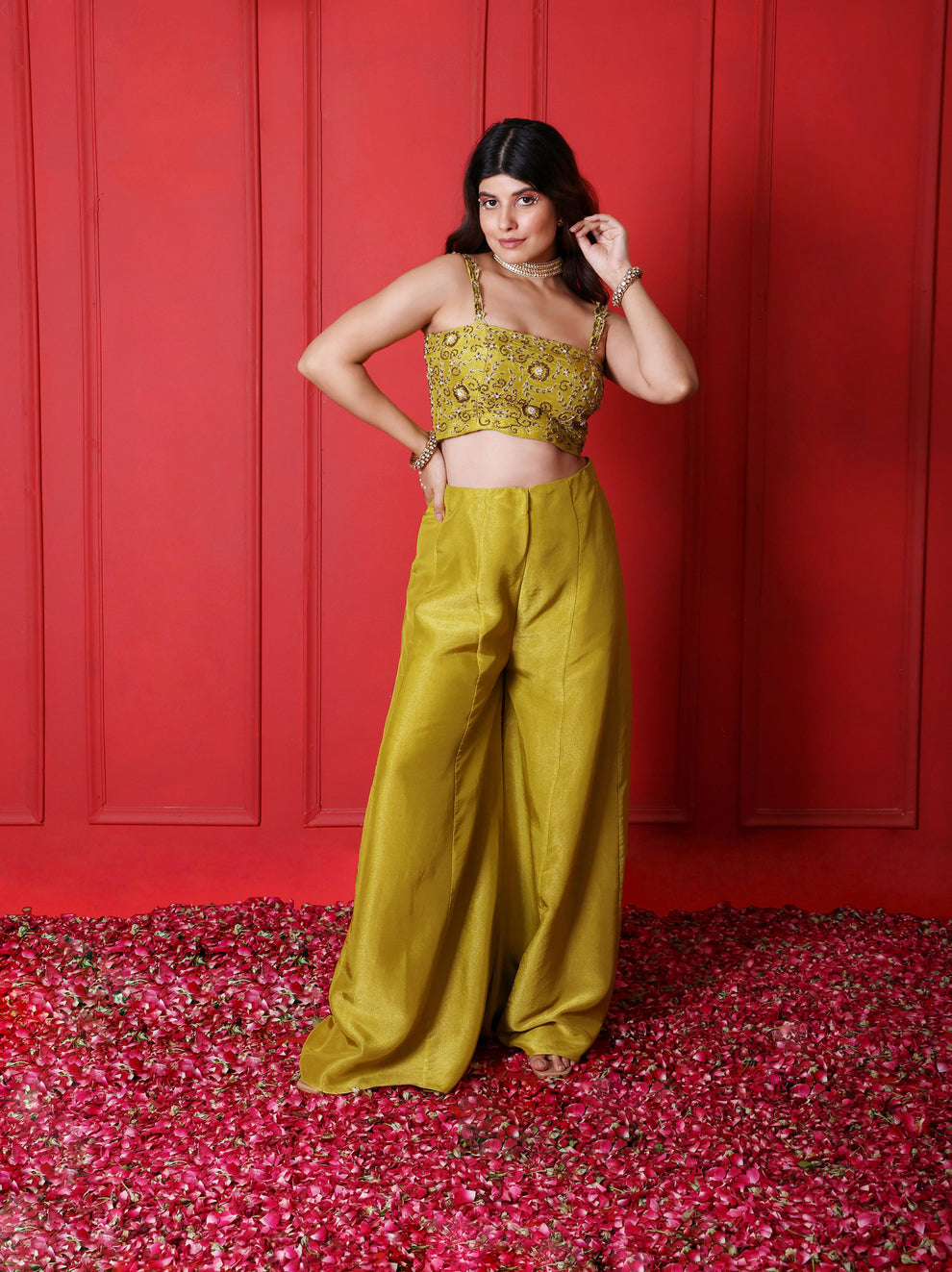 Green Lemon Ginger Hand Embroidered Blouse With Flared High Waisted Pa ...