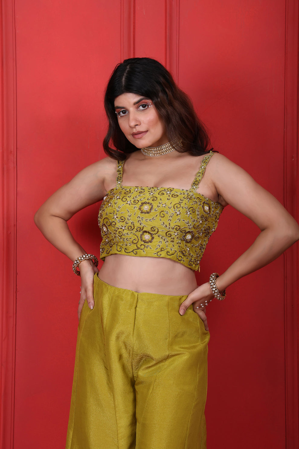 Green Lemon Ginger Hand Embroidered Blouse With Flared High Waisted Pa ...