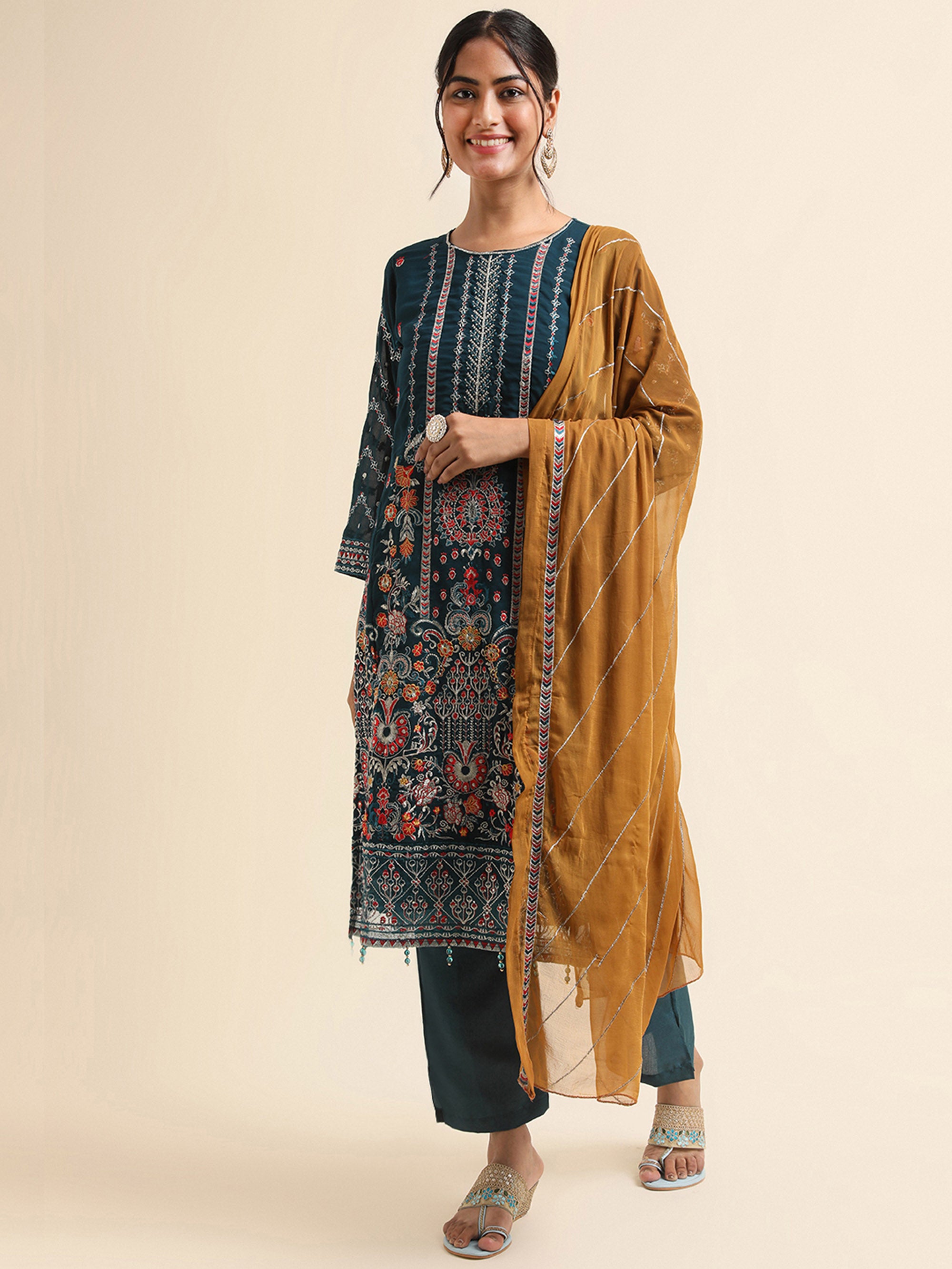 Teal zari embroidered Faux Georgette Surya pakistani suit – Mohi fashion