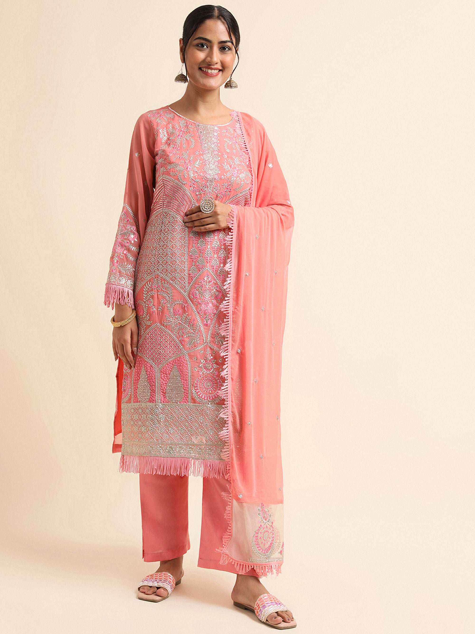 Peach zari embroidered Faux Georgette Surya pakistani suit – Mohi fashion