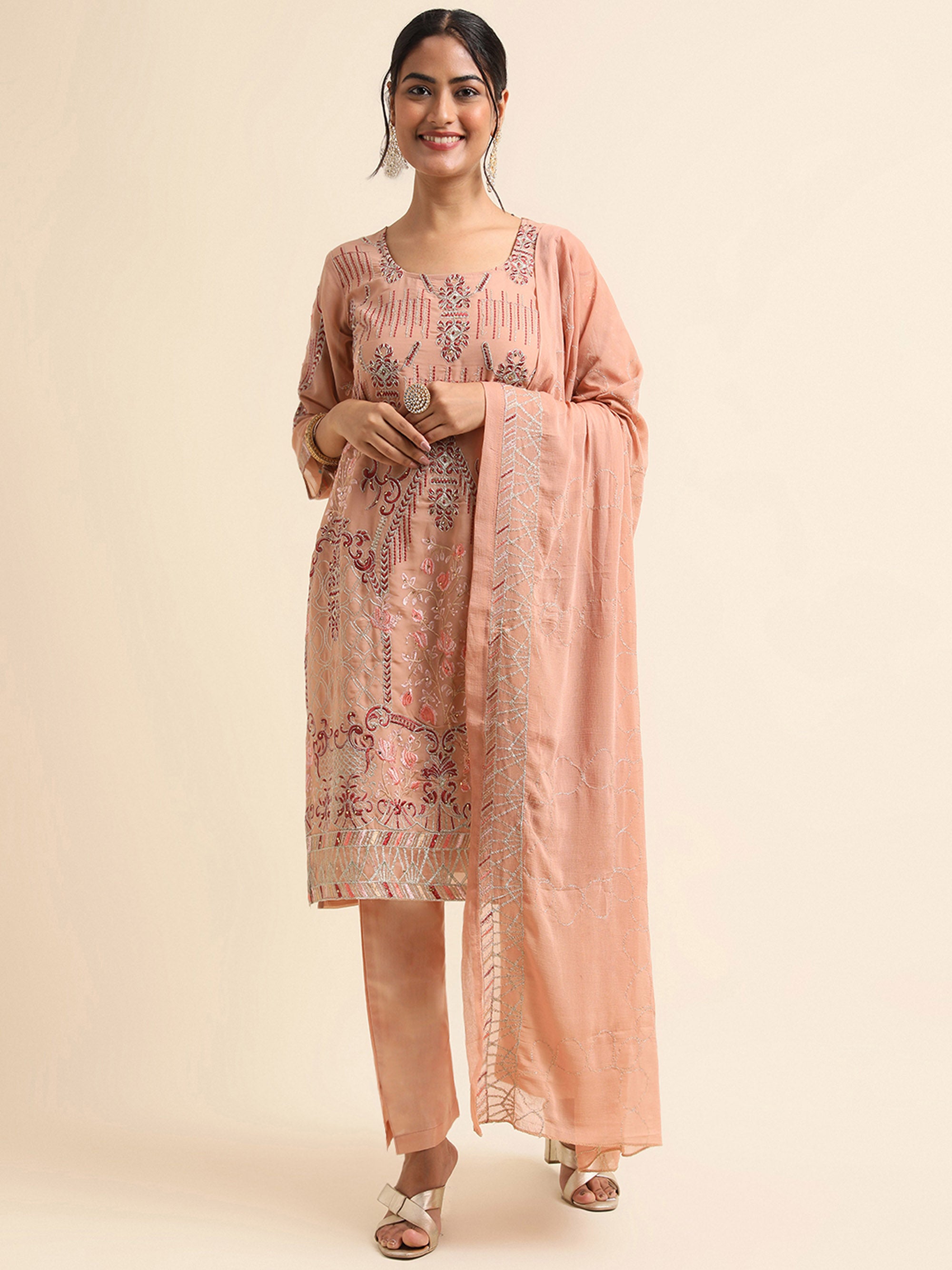 Peach Zari embroidered Faux Georgette Surya pakistani suit – Mohi fashion