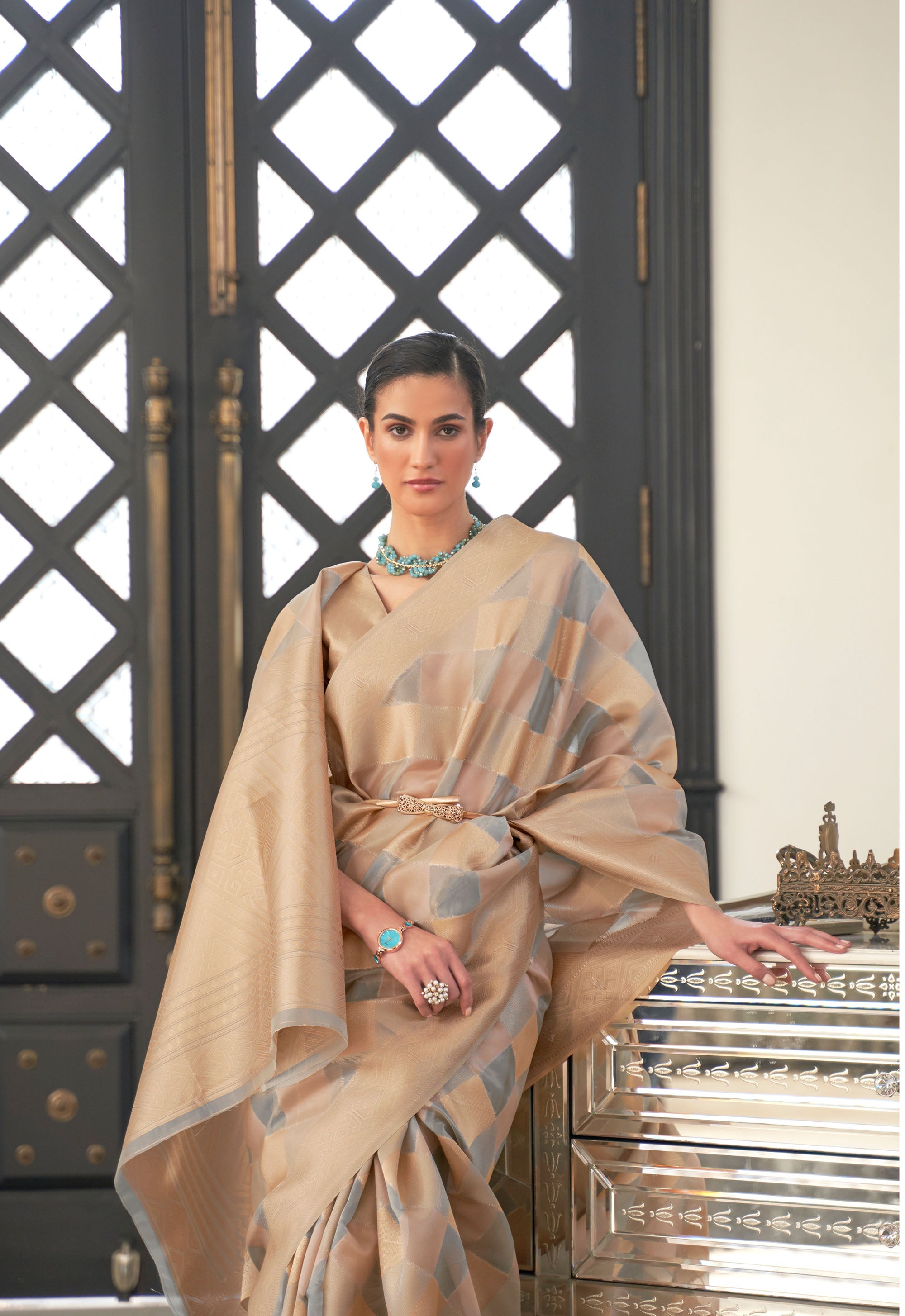 Beige Silver Kelena Organza Lehriya Handloom Saree – Mohi fashion