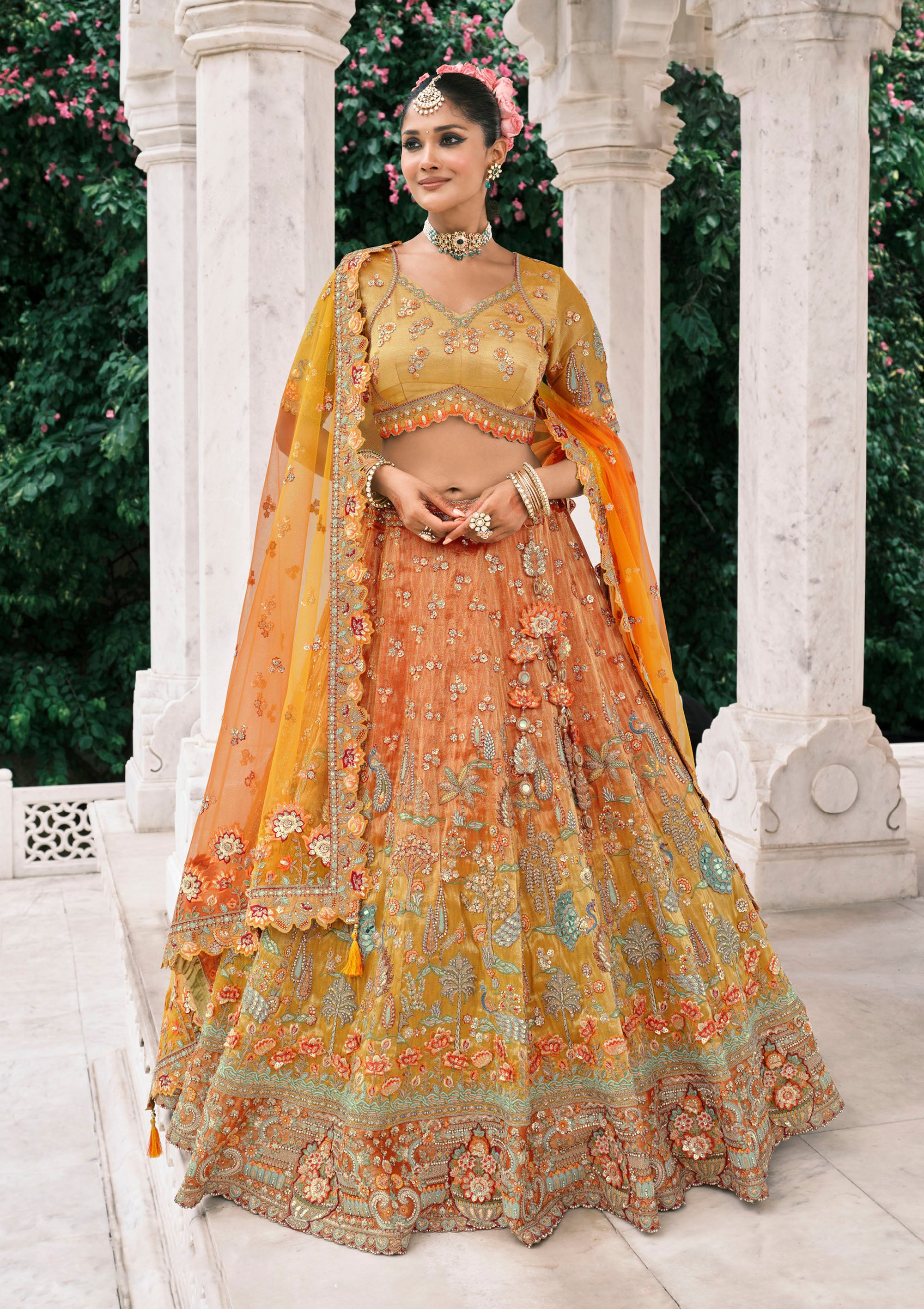 Rust Orange Silk Heavy Mirror & Sequins Embroidered Bridal Lehenga ...