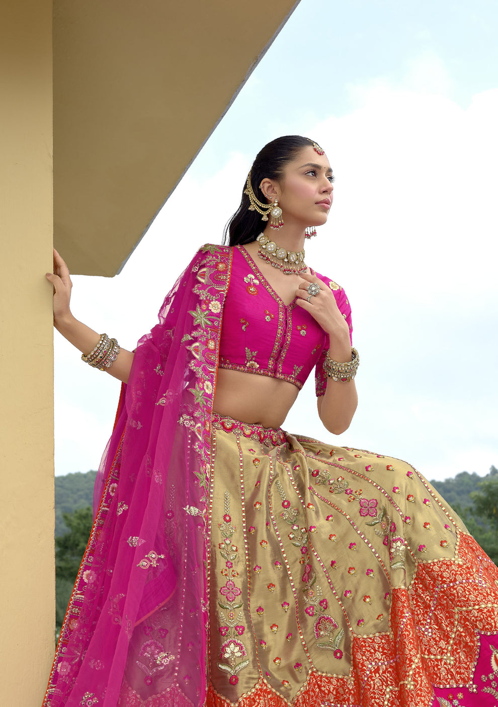 Rani Pink & Cream Silk Cut Work & Mirror Work Bridal Lehenga Choli -AA ...