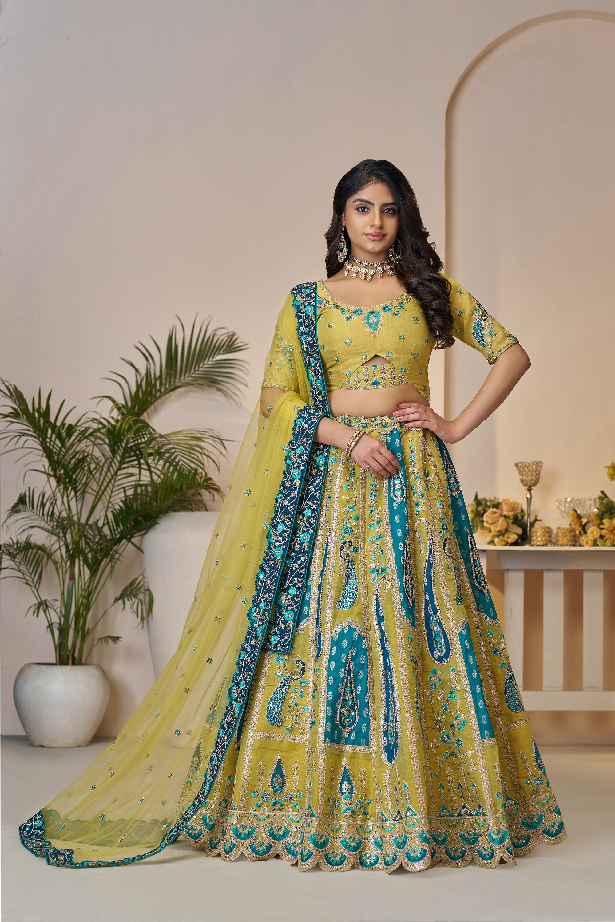 Yellow Bel Butti Pattern Silk Haldi Lehenga Choli-KF-484-YELLOW – Mohi ...