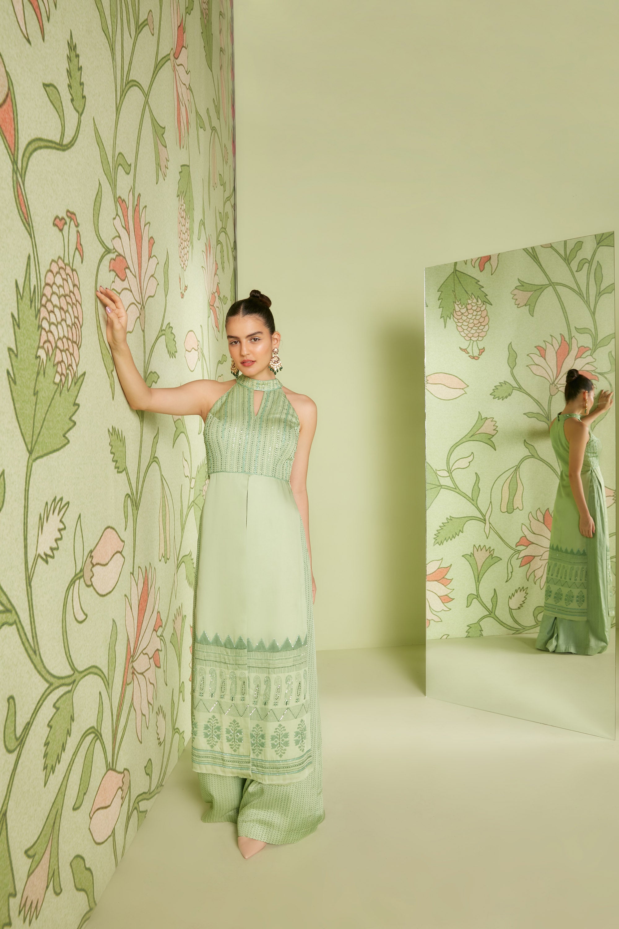 Sage Green In-cut halter neck palazzo set – Mohi fashion