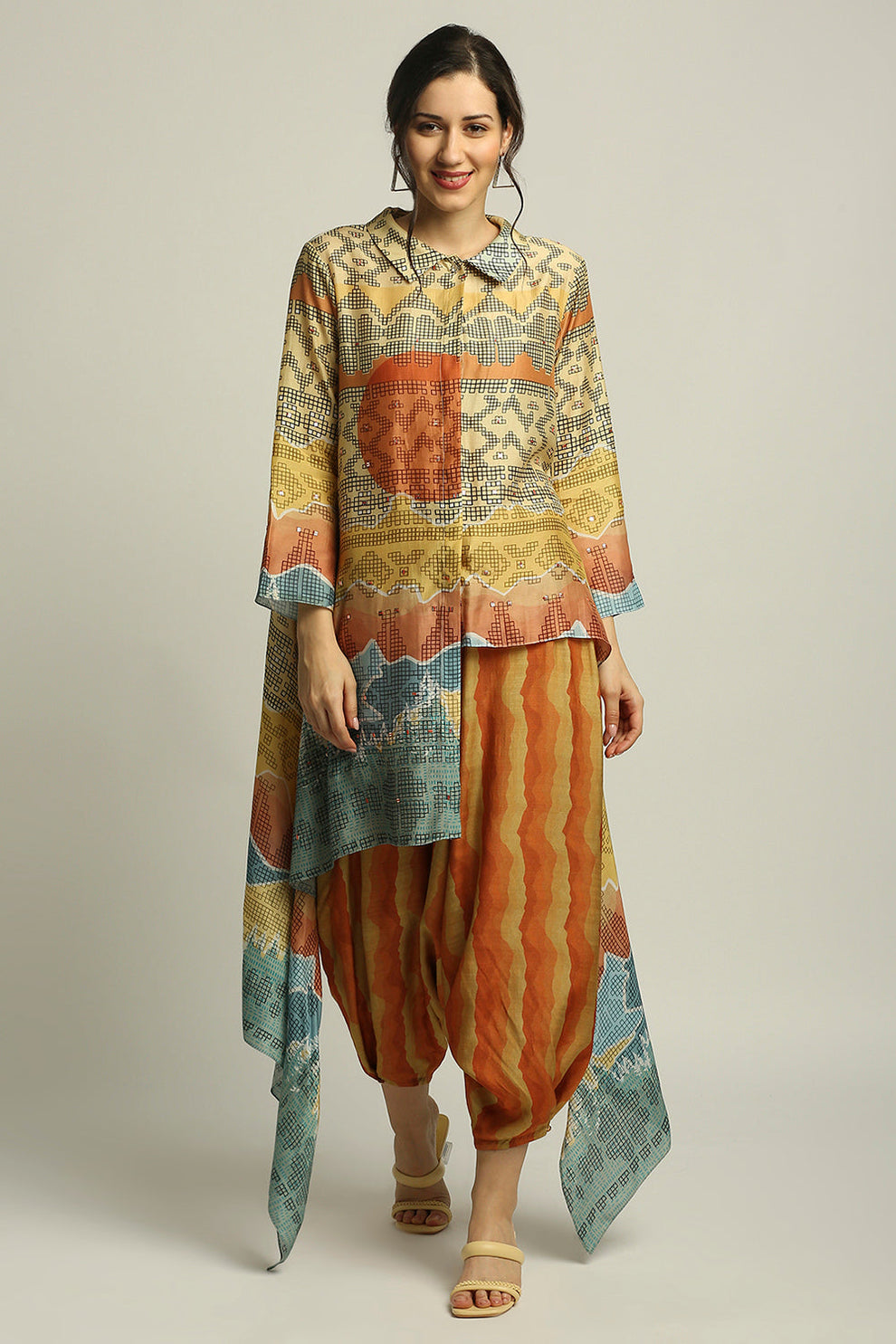 Dune Shadow Printed High-Low Top With Dhoti – Mohi fashion