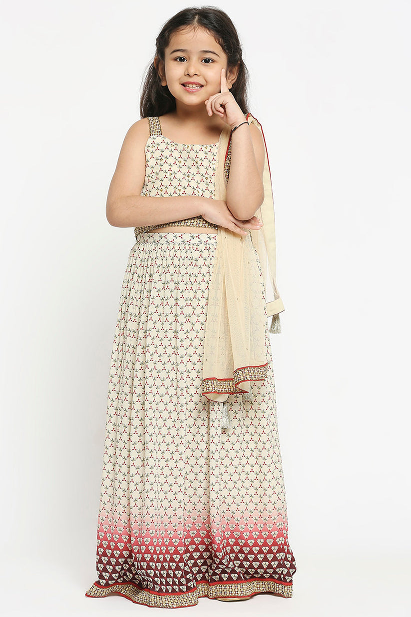 Applique Geometric Printed Lehenga Paired With Crop Top And Net Dupatt ...