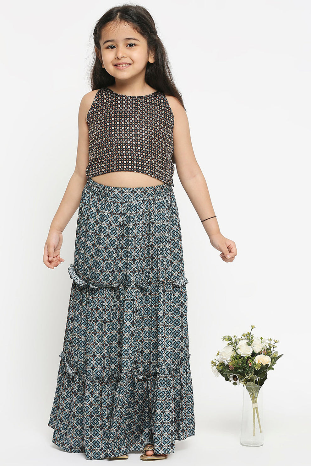 Geomtric Printed Tiered Skirt Paired With A Crop Top – Mohi fashion