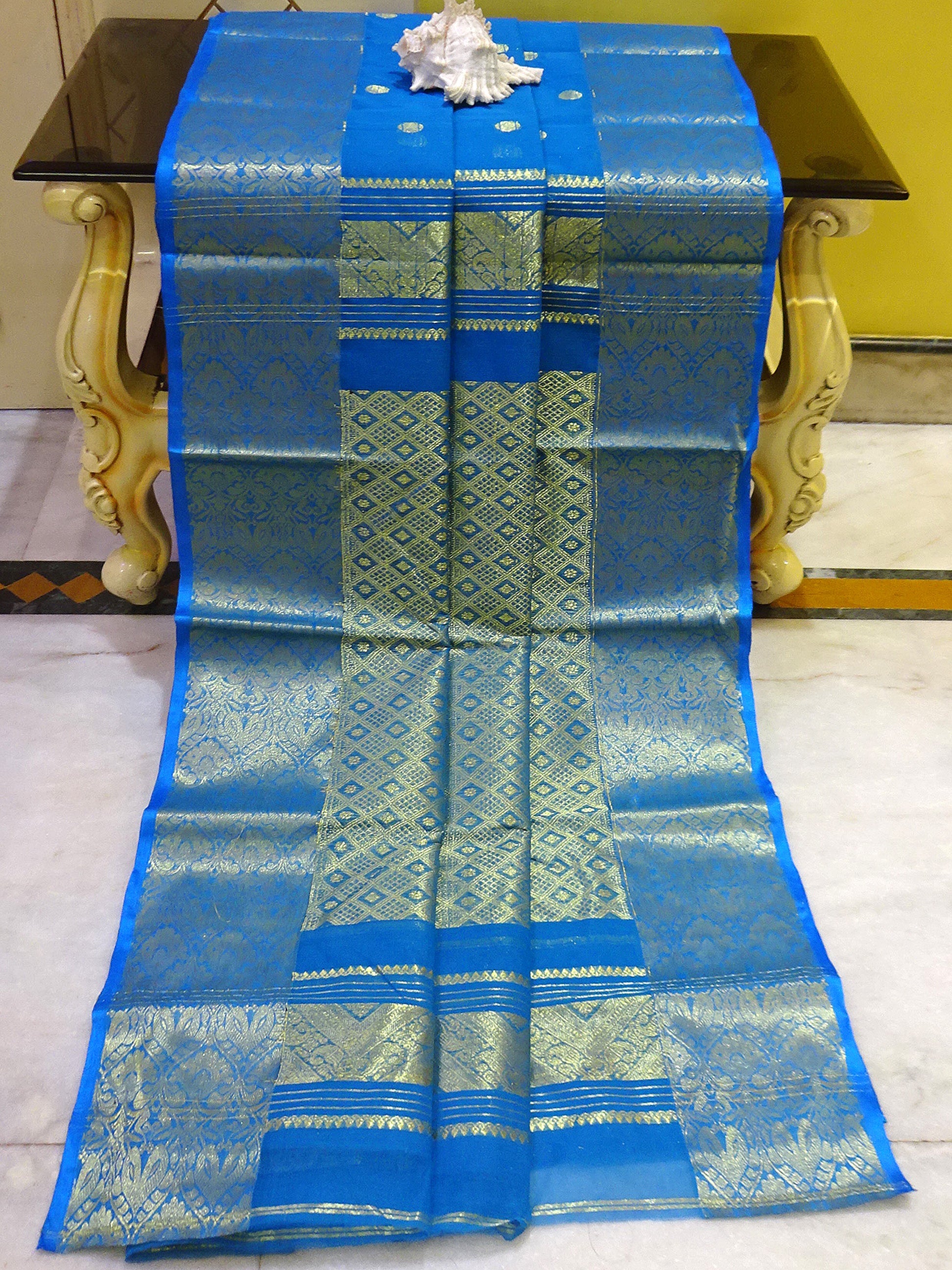 Bengal Handloom Tanchui Work Patli Pallu Saree in Ultramarine Blue and ...