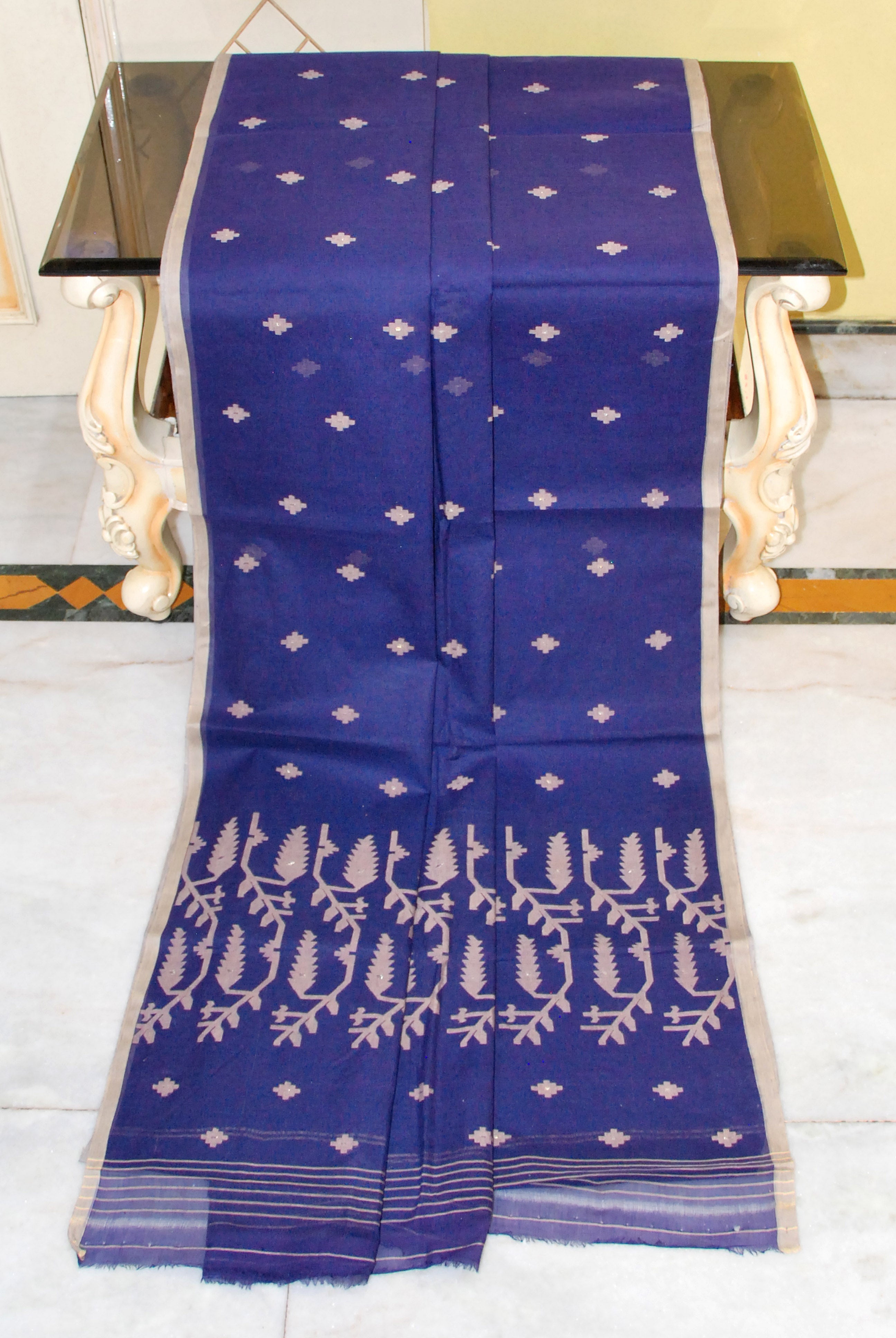 Traditional Needle Karat Work Poth Jamdani Saree in Indigo Blue and Be ...