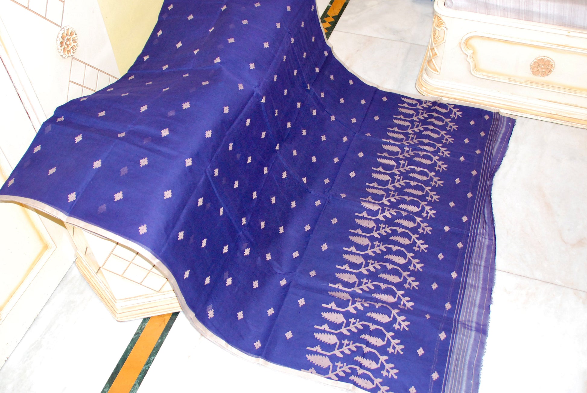 Traditional Needle Karat Work Poth Jamdani Saree in Indigo Blue and Be ...