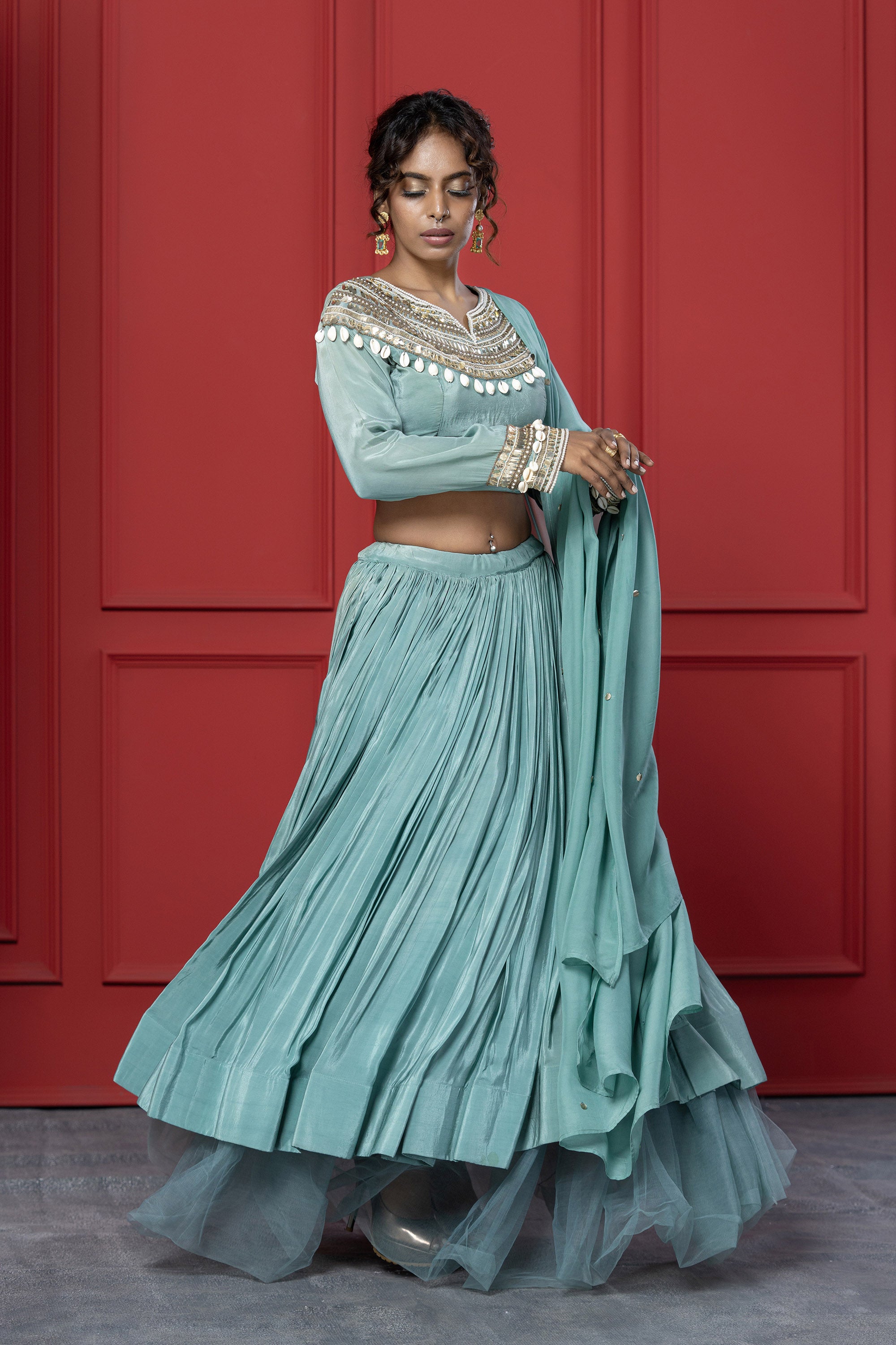 Sea Green Crepe Shell work Lehenga Set – Mohi fashion