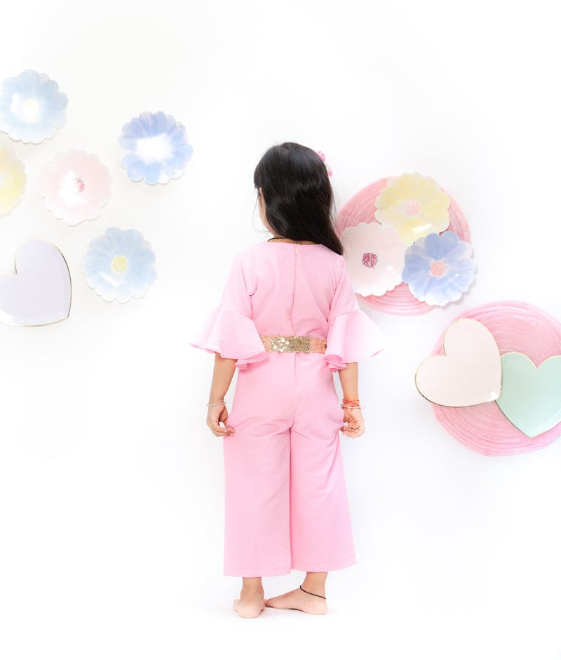 Pink Georgette Jumpsuit with Golden Sequin Belt – Girls' Glam Look ...