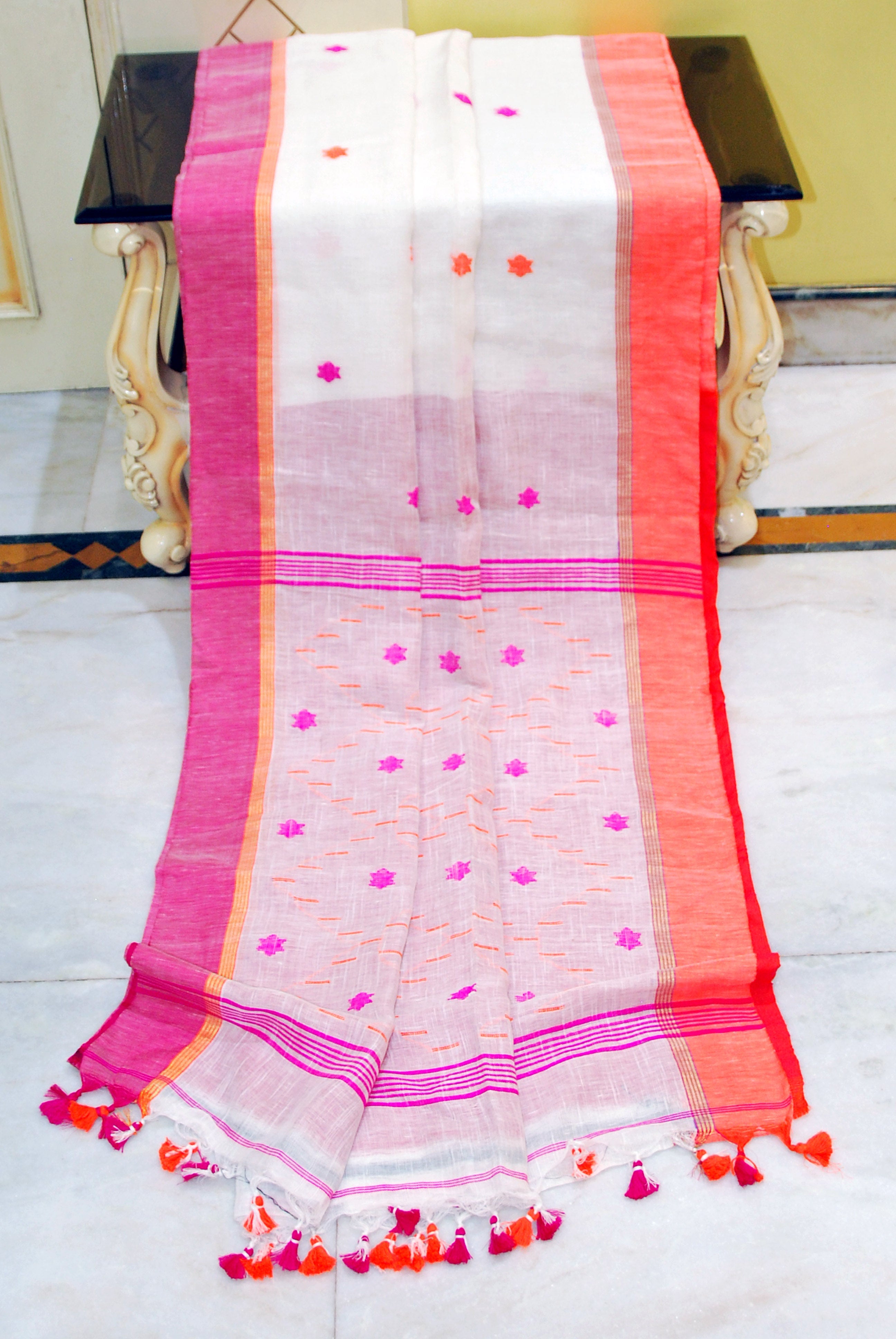 Handloom Needle Work Linen Jamdani Saree in Off White, Matt Orange and ...