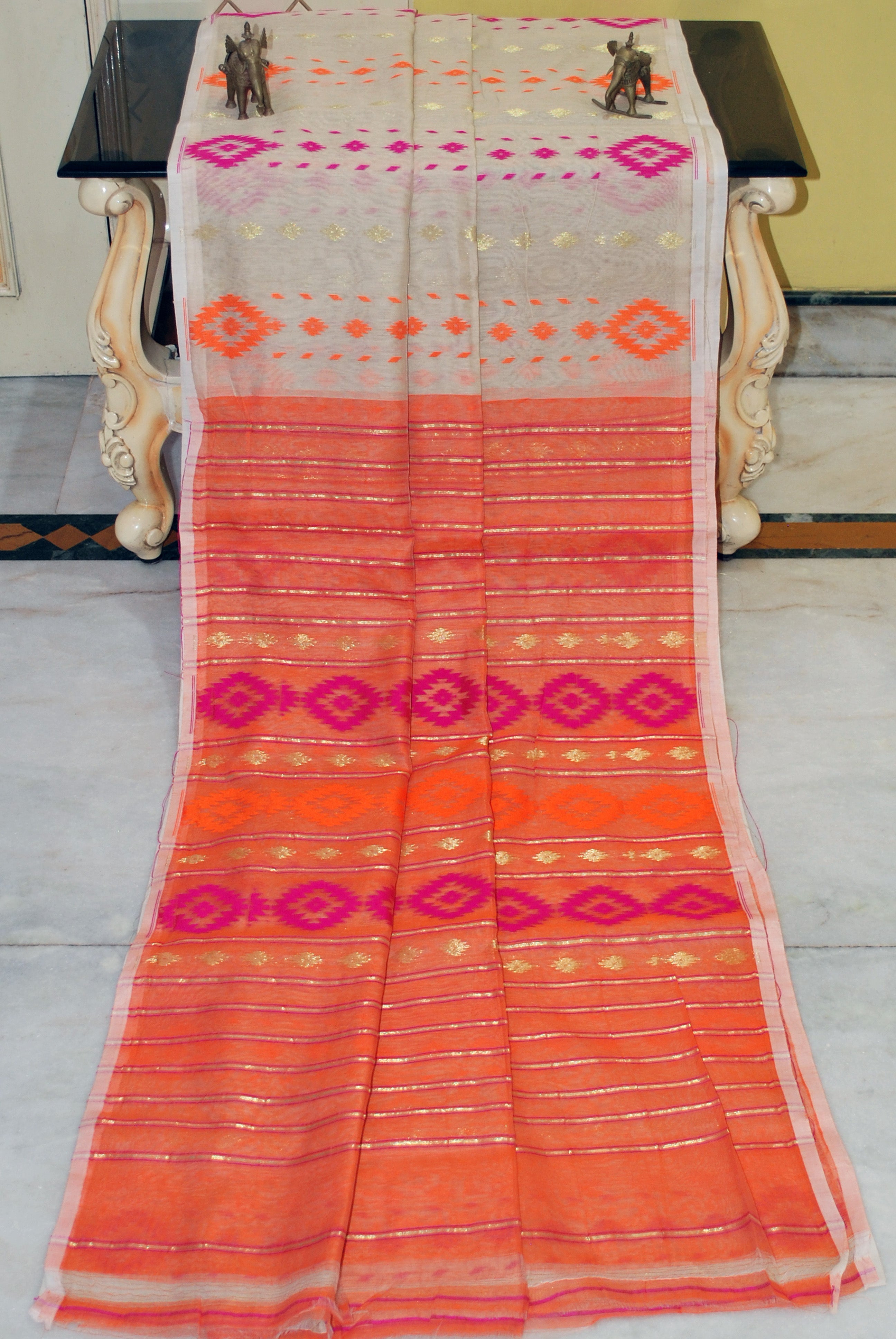 Rhombus Woven Nakshi Work Soft Jamdani Saree in Beige, Orange and Matt ...