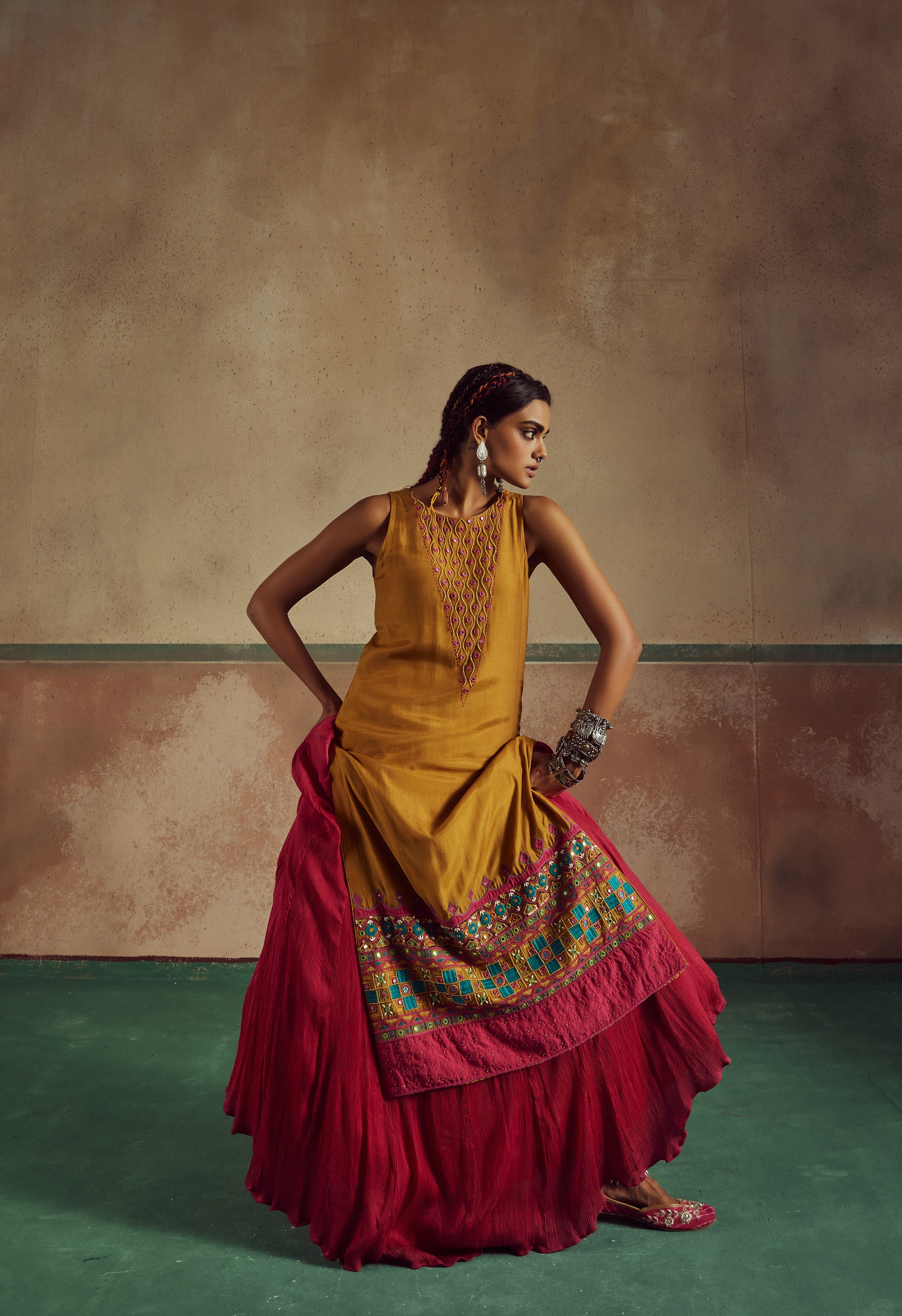 kesari mustard embroidered kurta setwith lehenga Rang – Mohi fashion